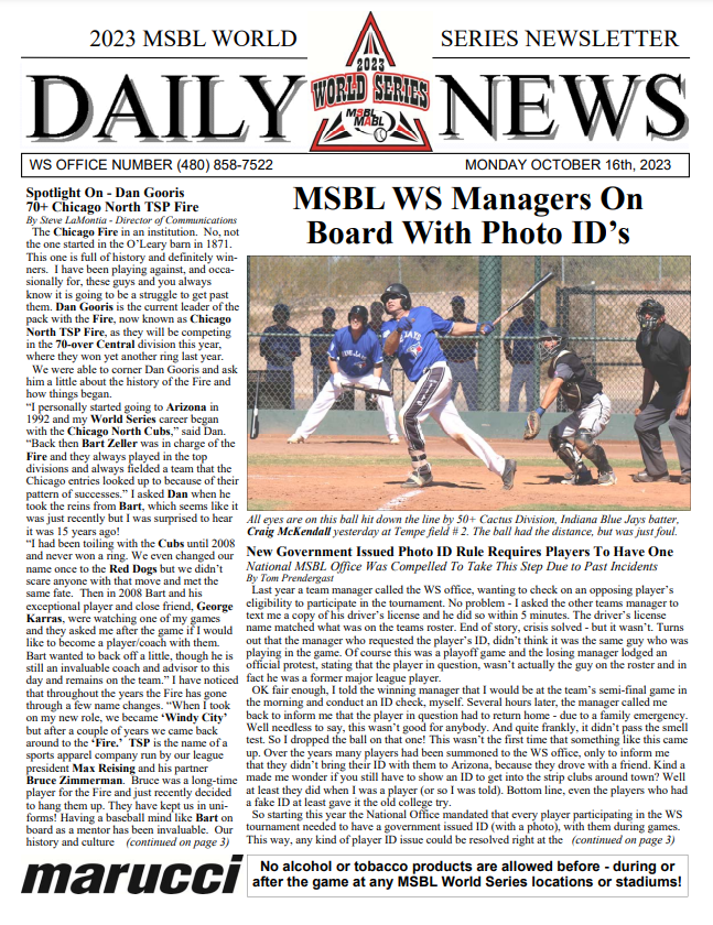 MSBL World Series 'Daily News', Monday, October 16, 2023