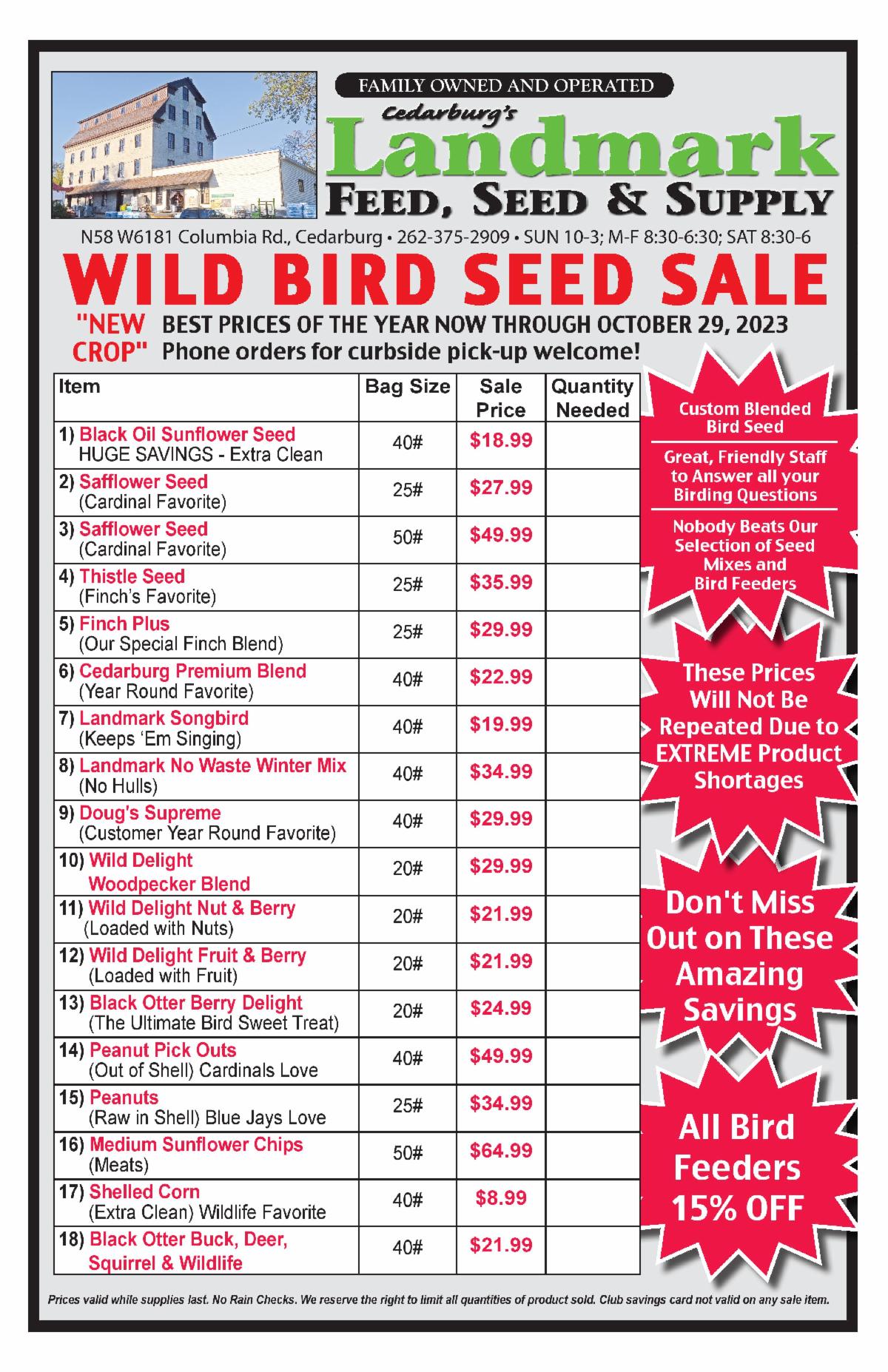 ANNUAL BIRD SEED SALE