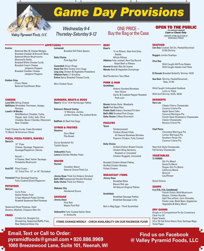 Valley Pyramid Foods.....Menu Guide!