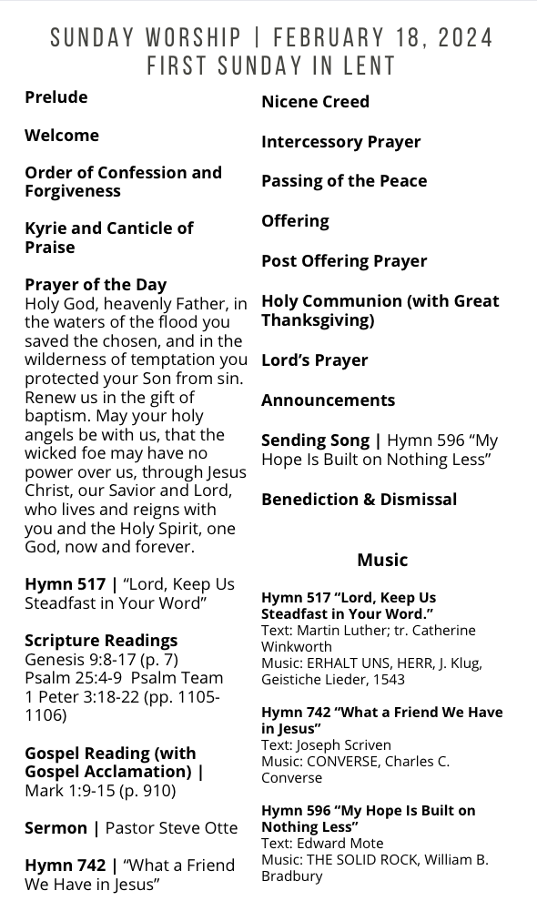 February 18, 2024 - First Sunday in Lent