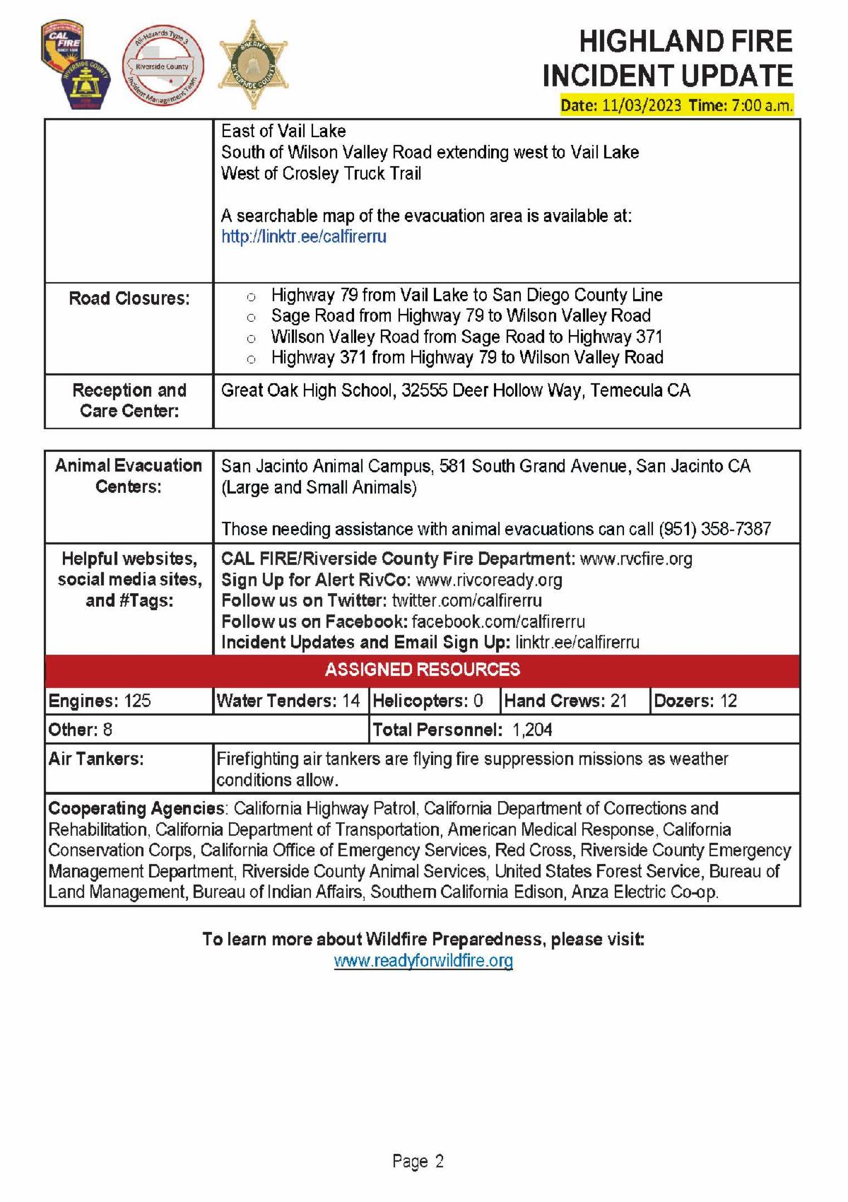 #HighlandFire Incident Update 11/03/2023 7:00 PM