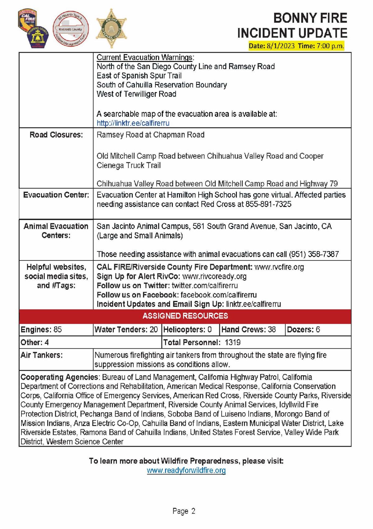 Bonny Fire - August 1, 2023 Evening Update