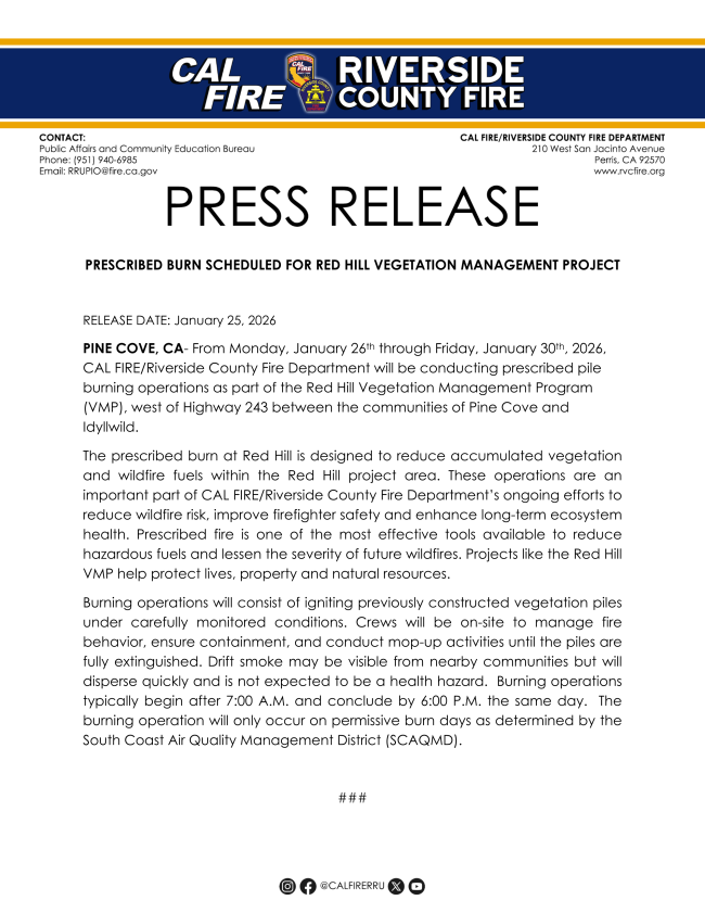 CAL FIRE/Riverside County Fire Department Notification of Prescribed Burn