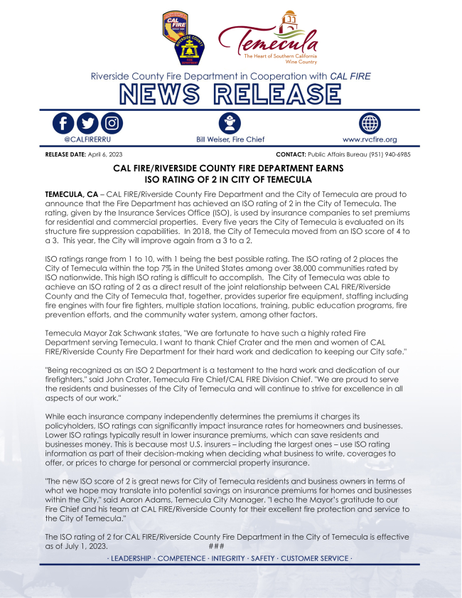 CAL FIRE/RIVERSIDE COUNTY FIRE DEPARTMENT EARNS ISO RATING OF 2 IN CITY ...
