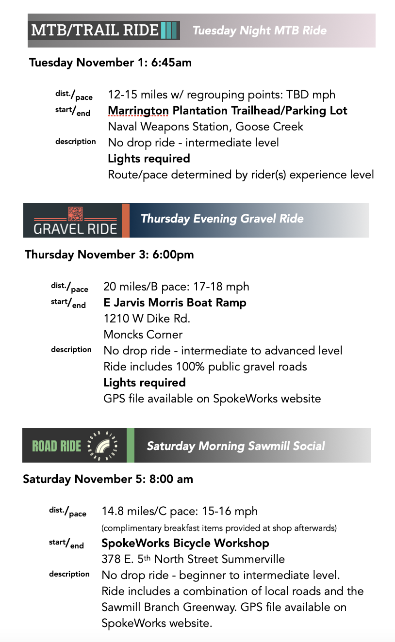 SpokeWorks Bicycle Workshop Weekly Ride Schedule