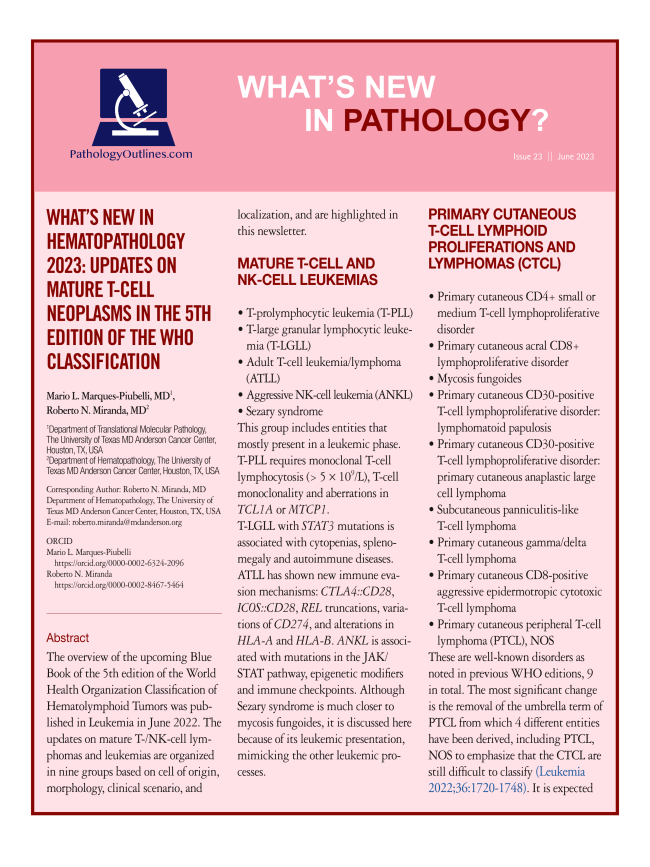 What's New in Hematopathology 2023: Updates on Mature T-cell Neoplasms ...
