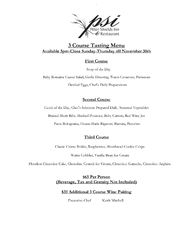 PSI 3 Course Pre-Fixe Menu