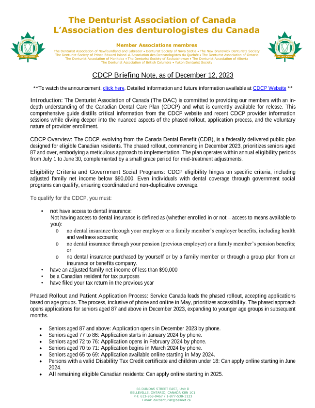 Canadian Dental Care Plan (CDCP) Briefing Note