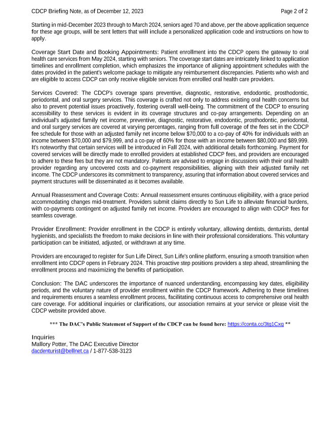 Canadian Dental Care Plan (CDCP) Briefing Note
