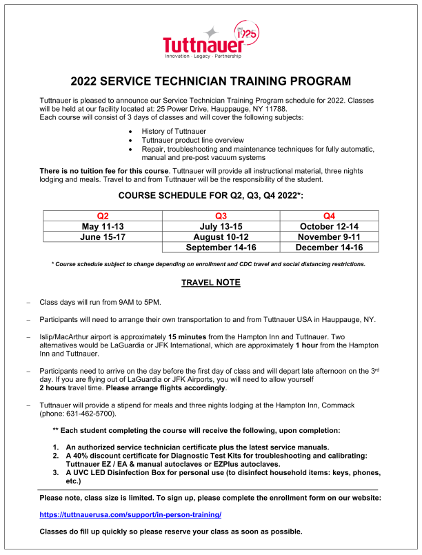 Tuttnauer USA - Q3-Q4 2022 In-Person Technical Training Schedule ...