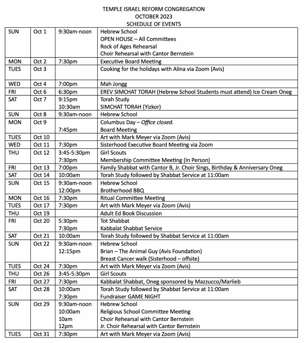 CELEBRATE SUKKOT, SIMCHAT TORAH and SO MUCH MORE AT TEMPLE ISRAEL