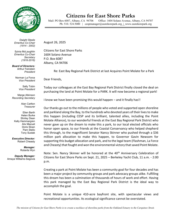 East Bay Regional Park District Acquires Point Molate for a Park