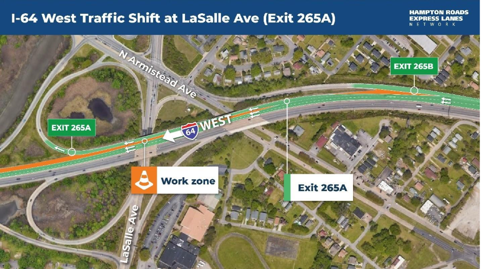 TRAFFIC SHIFT SCHEDULED TO BEGIN ON I-64 WEST AT EXIT 265A IN HAMPTON