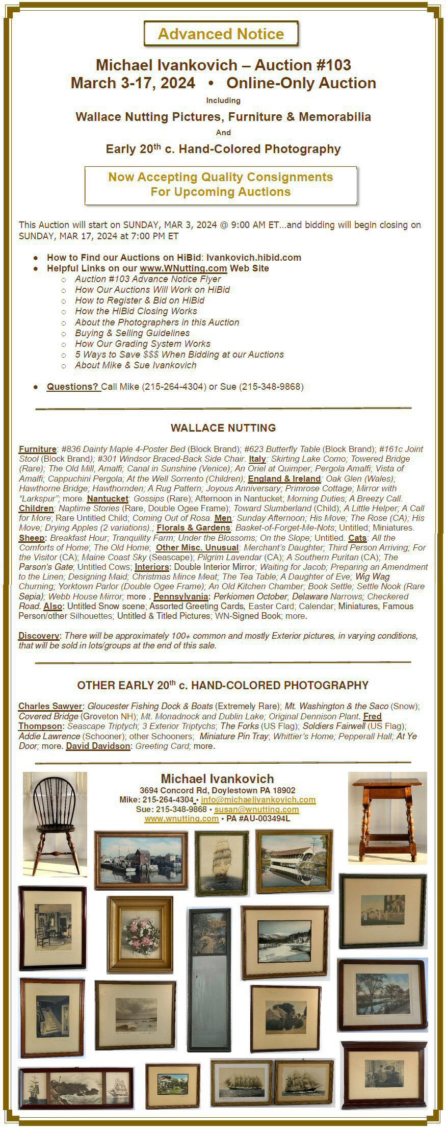 Ivankovich Wallace Nutting HiBid Auction #103 - Bidding Begins March 3rd