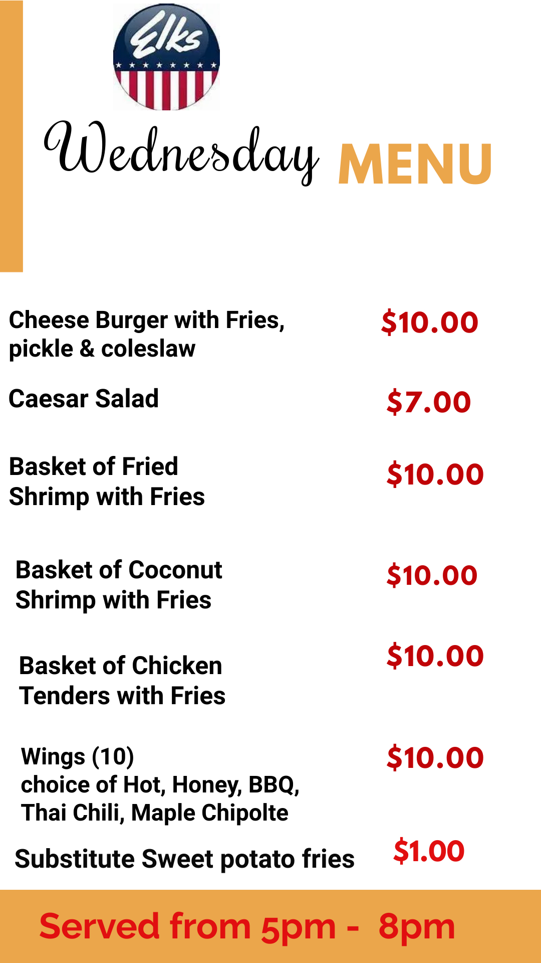 Brewster Elks 2101 - Wednesday Menu, Fundraising Reports to Kelly & Reminders