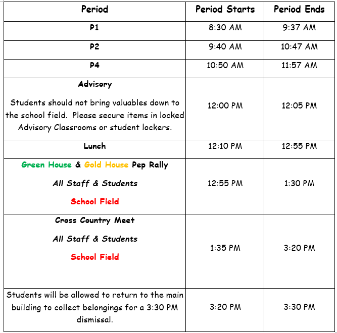 Annual Cross Country/Green & Gold House Pep Rallies - Modified Bell ...