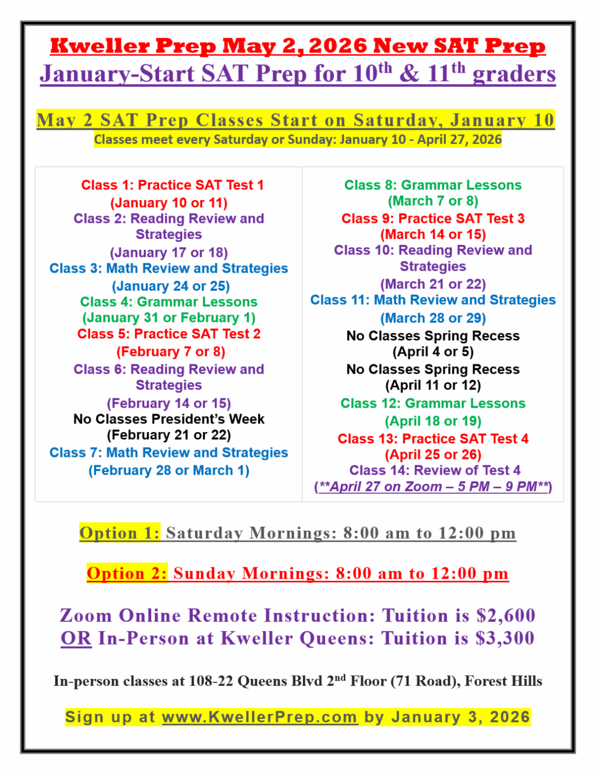 **Sunday Classes** Moving to Zoom Due to Weather - May SAT Prep 2026