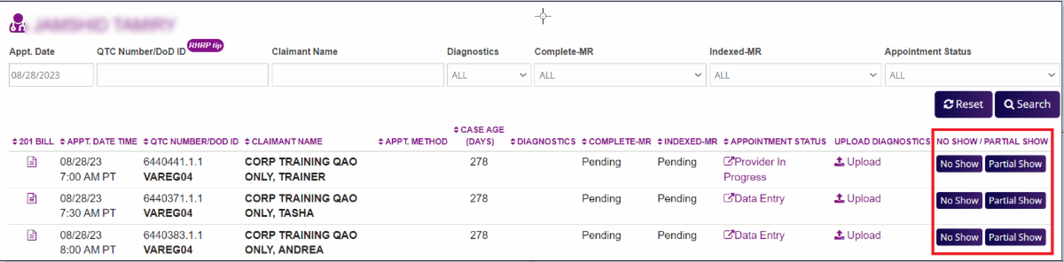 QTC Provider Portal Enhancement - NEW NO SHOW AND PARTIAL SHOW BUTTON