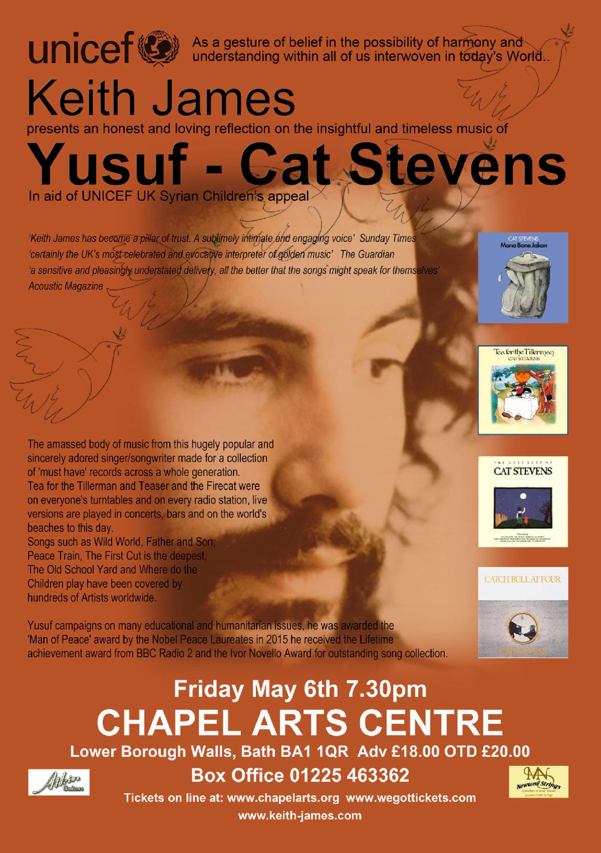 Keith James THE MUSIC 0F YUSUF - CAT STEVENS Bath, Runcorn, Billericay