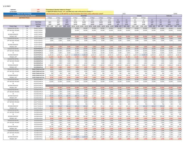 LG Price Sheet / LG Roadmap Update 1/6/25