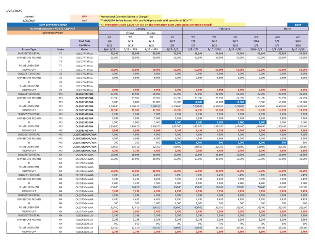 LG Price Sheet / LG Roadmap Update 1/23/25
