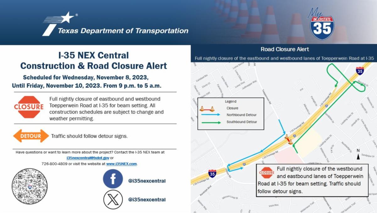 I-35 NEX Central Project Lane Closures November 05 - November 11