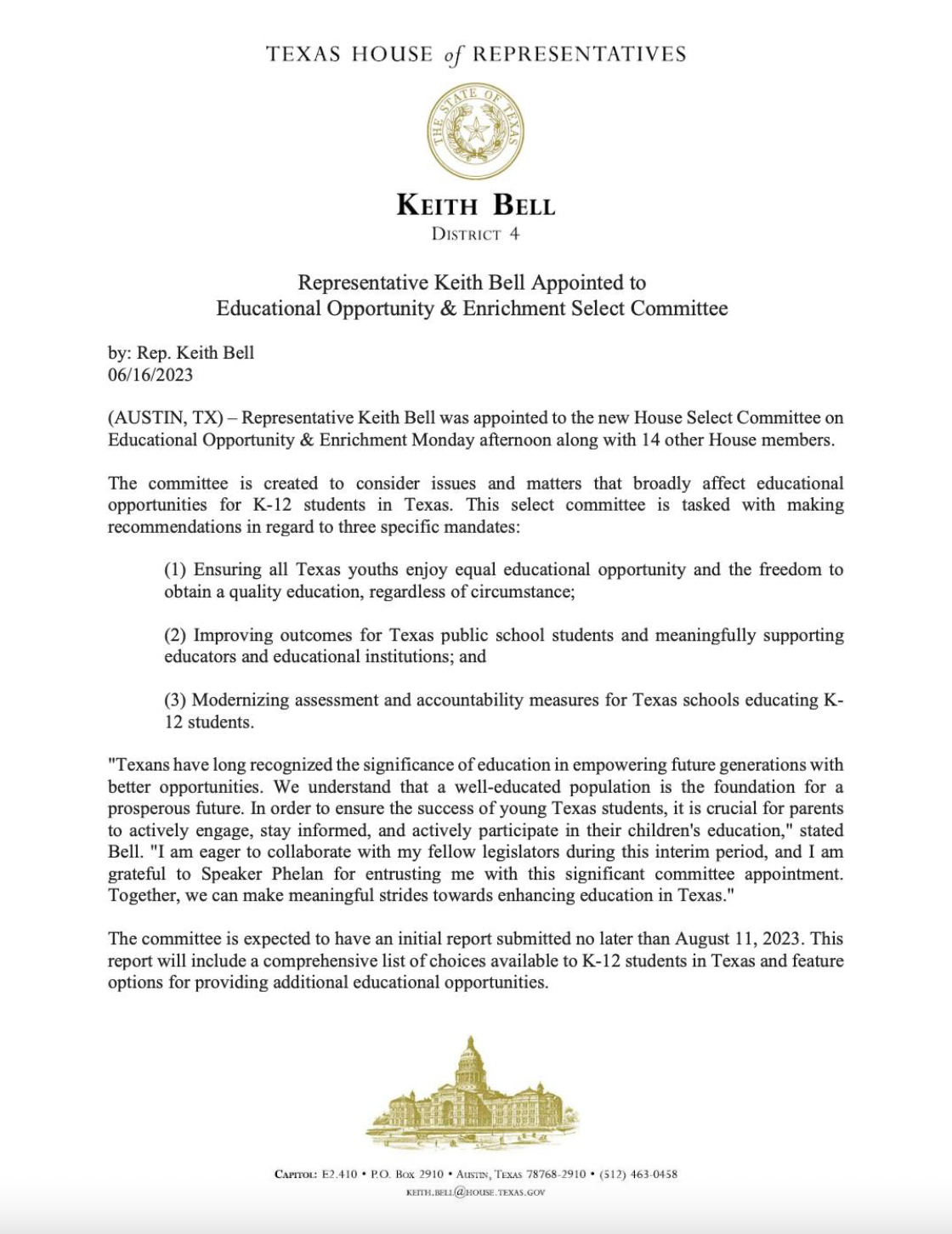 Representative Keith Bell's Capitol Update