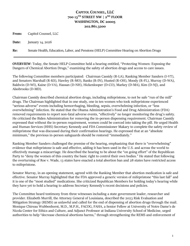 Summary Senate HELP Committee Hearing on Abortion Drugs