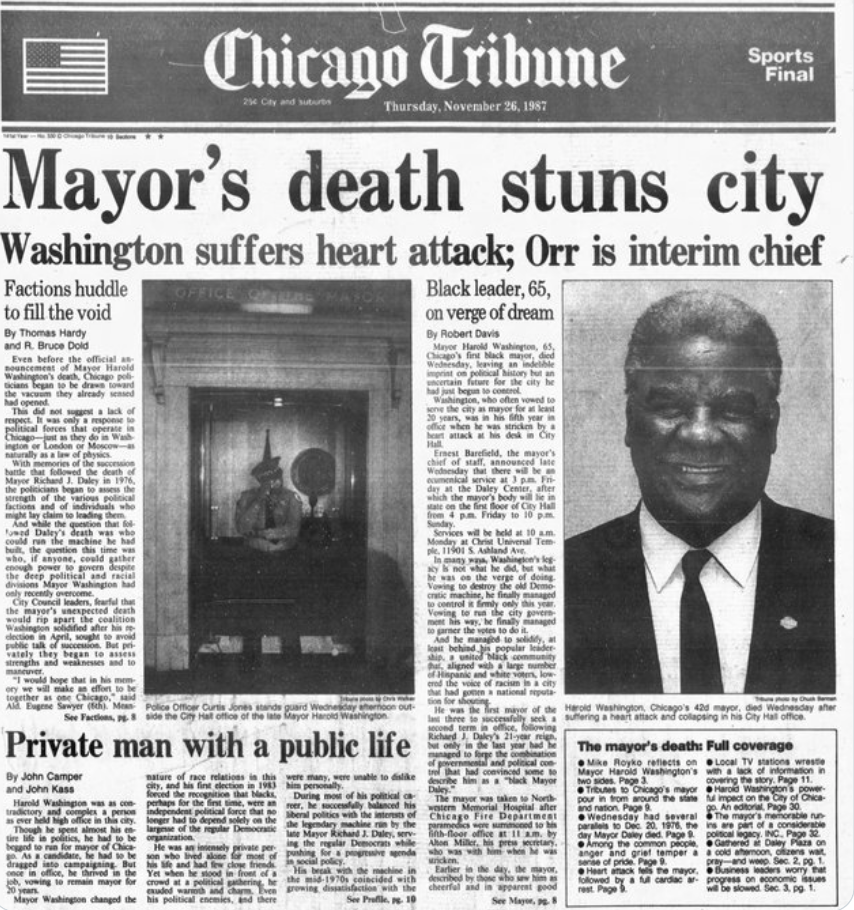 Mayor Harold Washington passed away on this date 36 years ago.