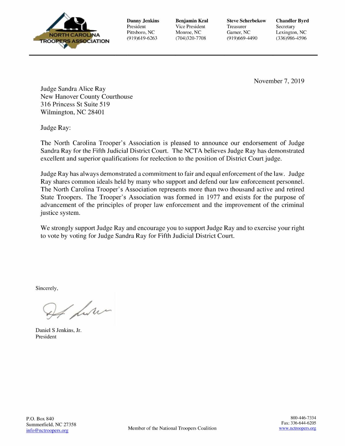 Judge Sandra Alice Ray endorsed by the North Carolina Troopers Association