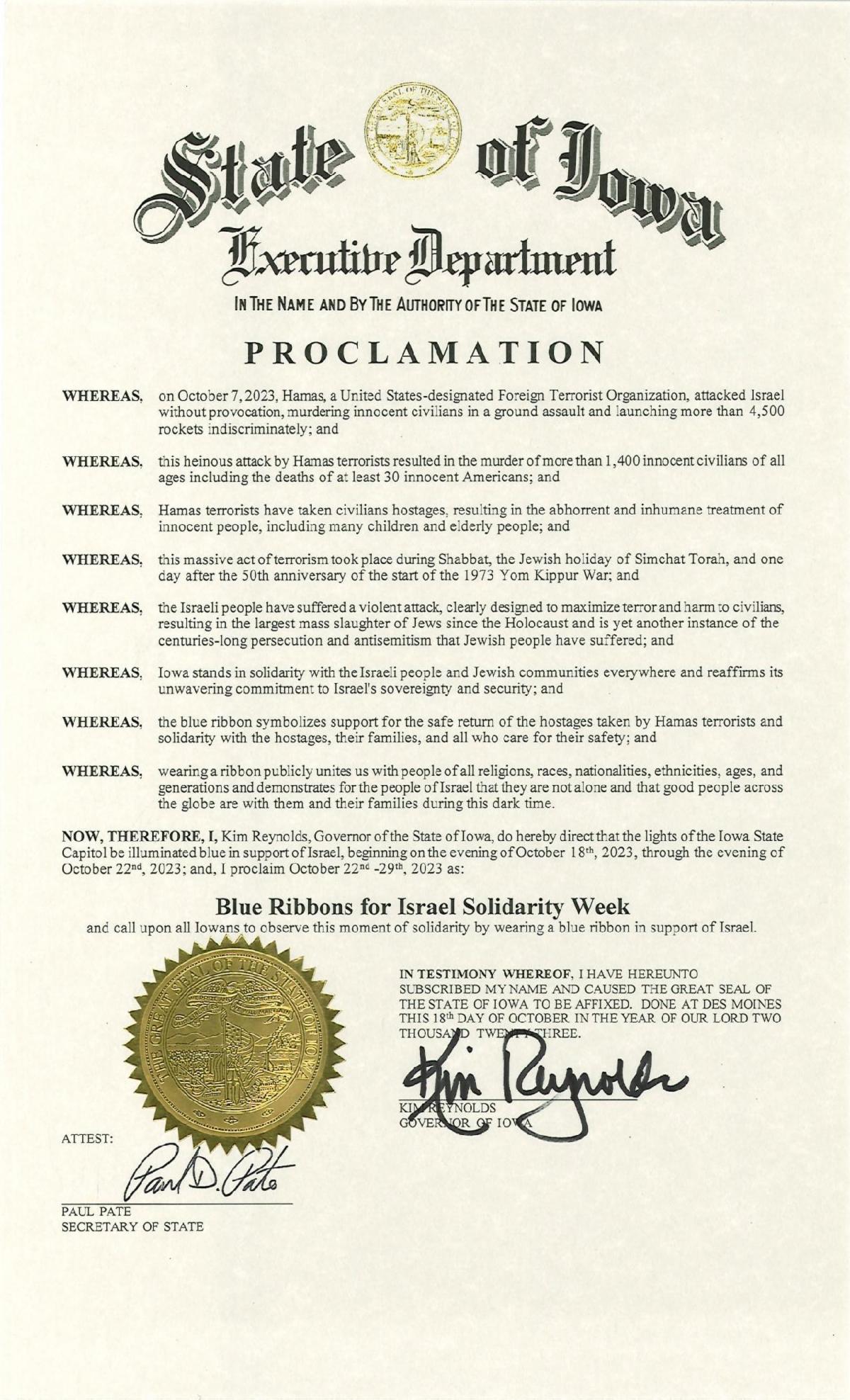 Iowa Governor Reynolds Signs a Proclamation for Blue Ribbon Week in ...