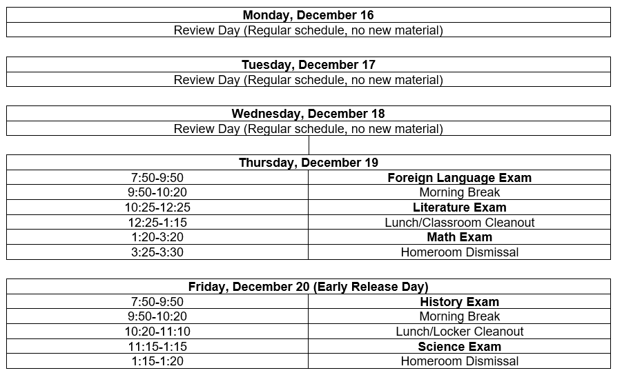 Upper School Semester Exam Schedule