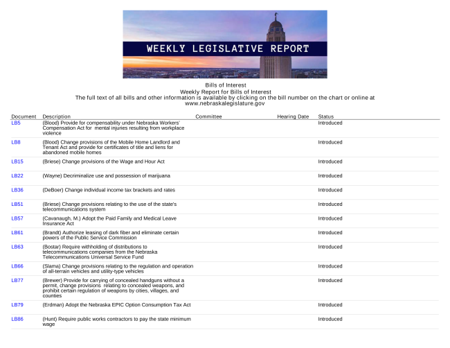 Nebraska Legislature Weekly Legislative Report January 17, 2024