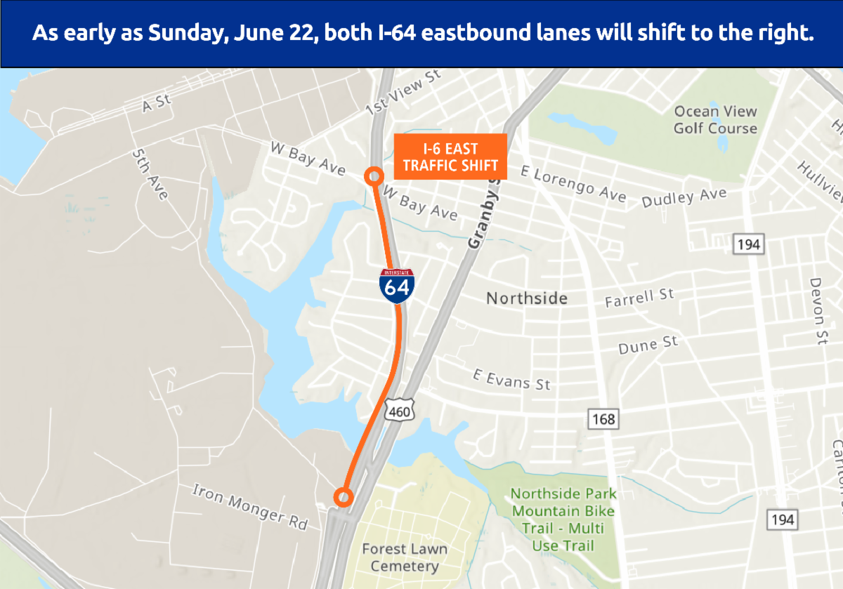 I-64 EAST TRAFFIC SHIFT AT W. BAY AVENUE STARTING AS EARLY AS JUNE 22, 2025