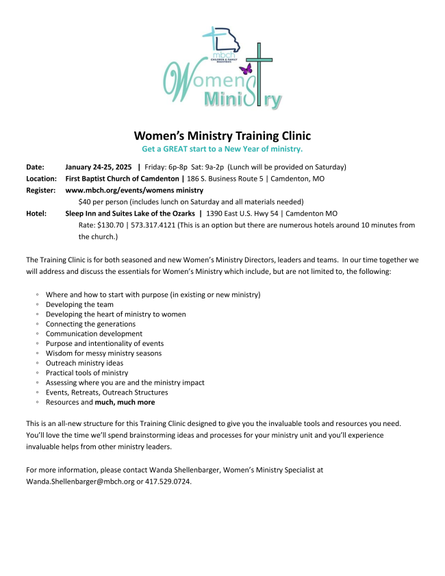 WCBA Announcement to all Women's Ministry Groups