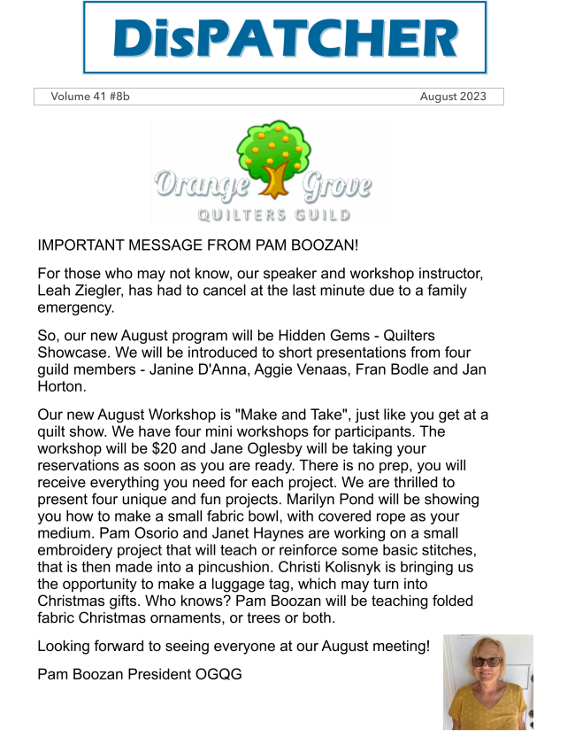 IMPORTANT MESSAGE FROM PAM BOOZAN