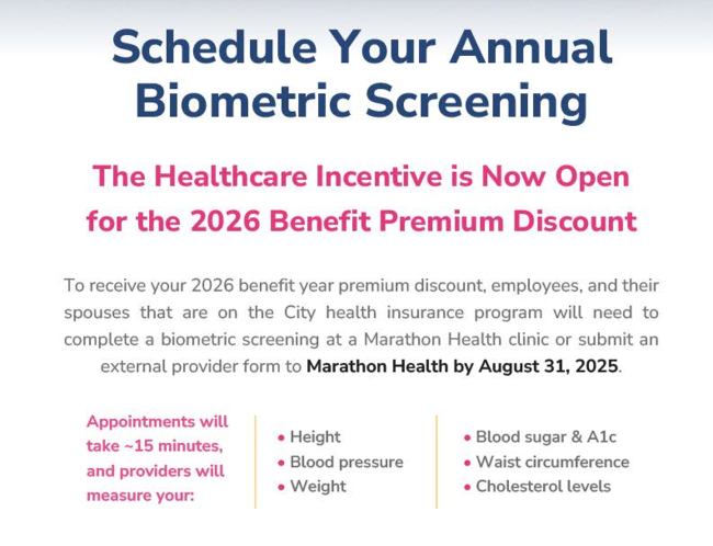 Schedule Your Biometrics Screening Today, Deadline Aug. 31