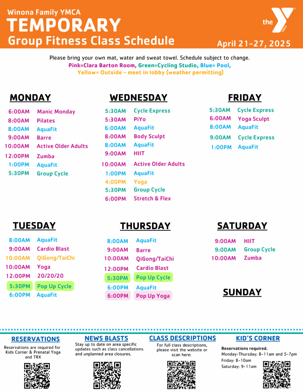 YMCA Temporary Closures & Group Fitness Schedules