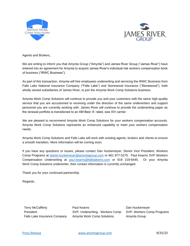 Amynta Group Acquires James River Group's Workers' Comp Book of Business