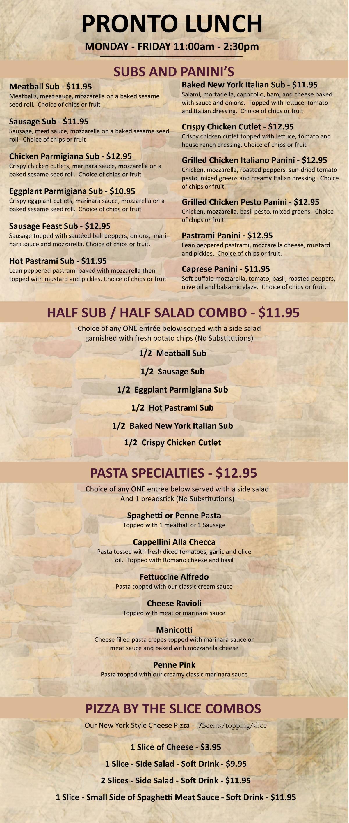 Pronto Lunch Menu