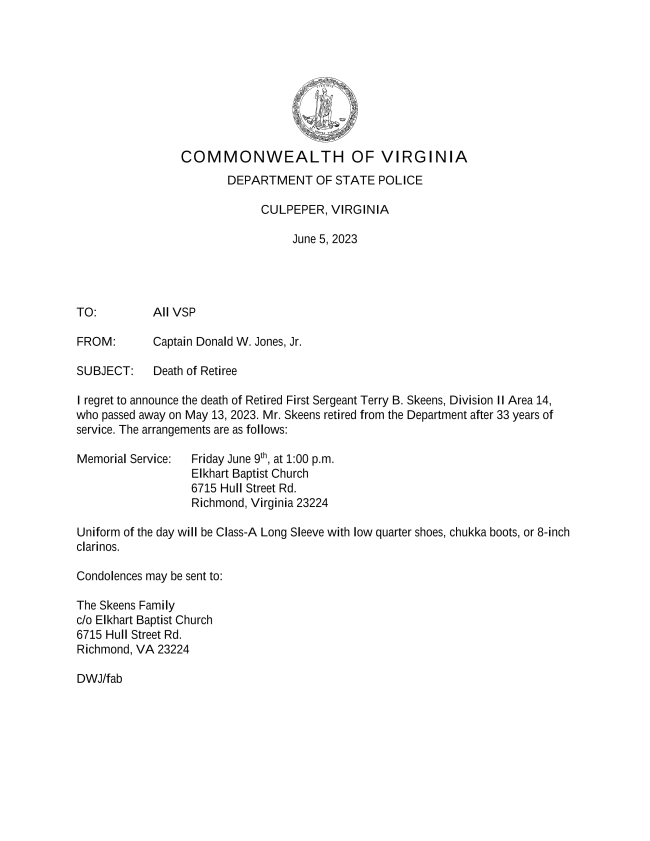 VSPA: Death Announcement/Obituary - Retired First Sergeant Terry B ...