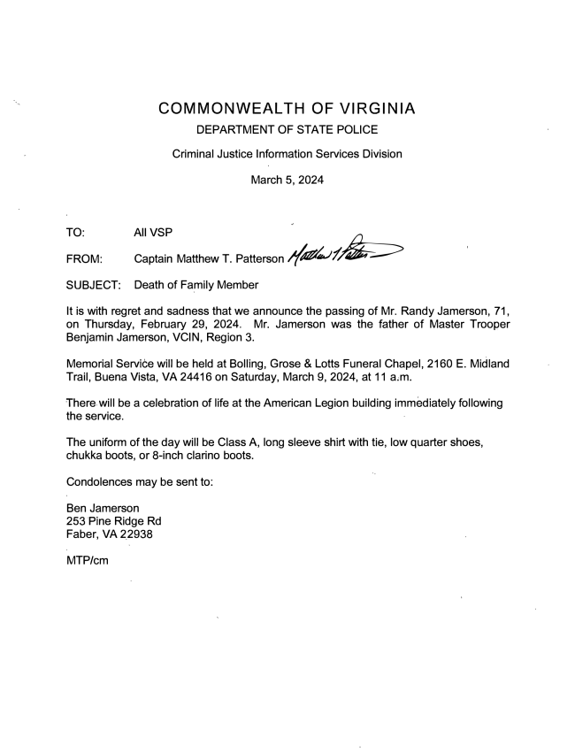 VSPA: Death Announcement - Family - Master Trooper Benjamin Jamerson ...