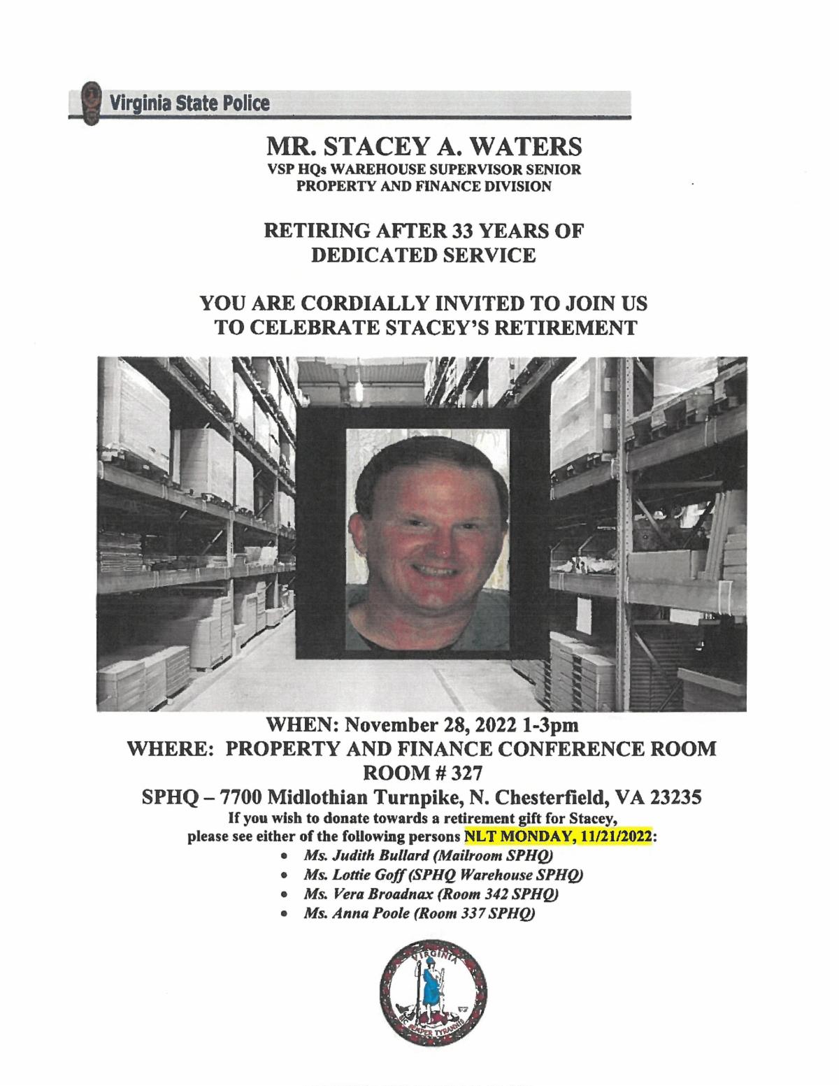 VSPA - Retirement - Mr. Stacey A. Waters, HQ Warehouse Supervisor Senior