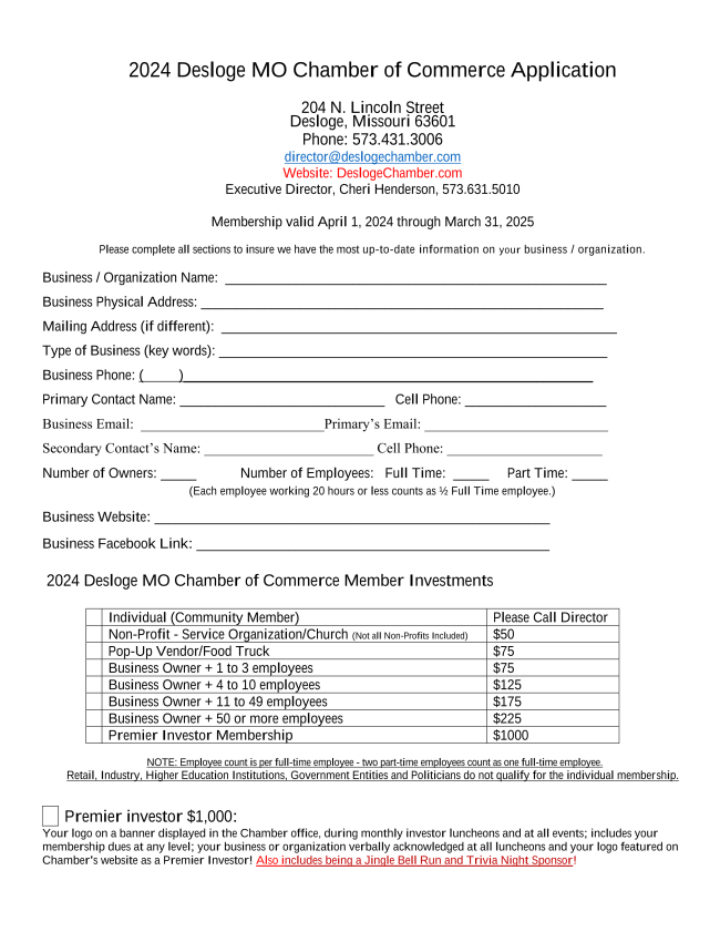 Desloge Chamber of Commerce 2024 Membership Renewal Form Desloge Chamber of Commerce 2024 Membership Renewal Form