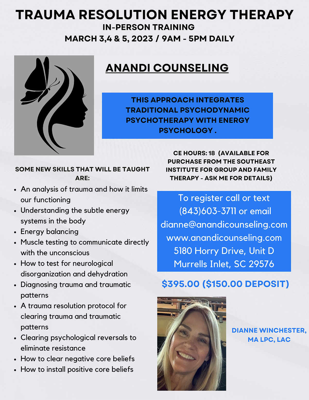 Trauma Resolution Energy Therapy Training March 3-5 in MURRELLS INLET