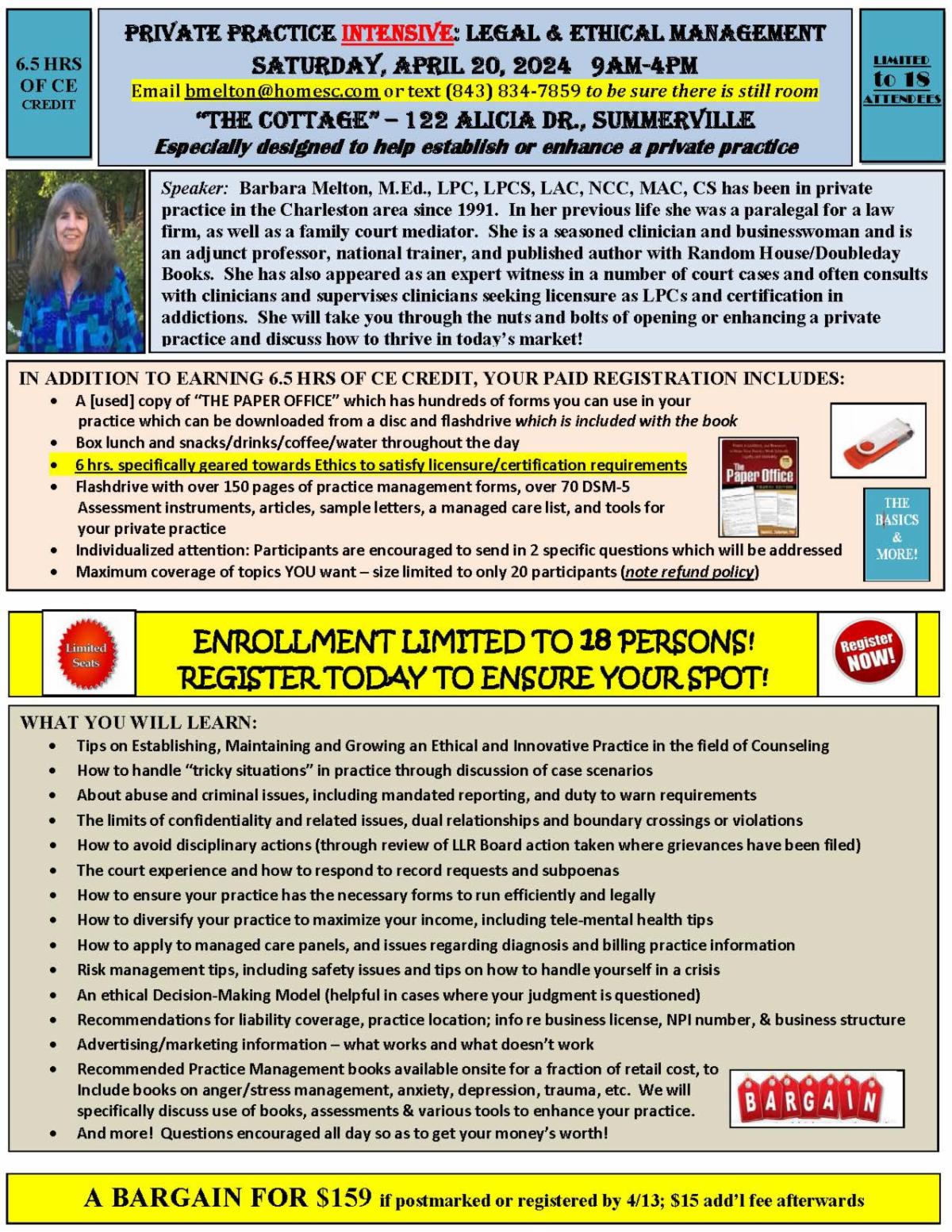 Private Practice Intensive includes 6 Ethics CE's on Apr 20 in SUMMERVILLE