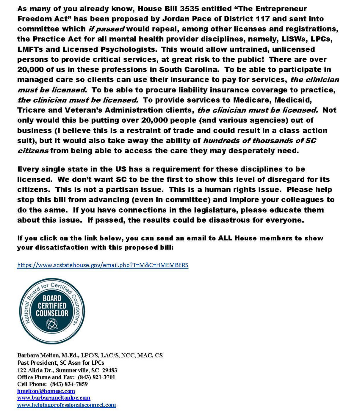 CORRECTION - House BIll Number is 3515 Threat to Licensure of LPCs ...