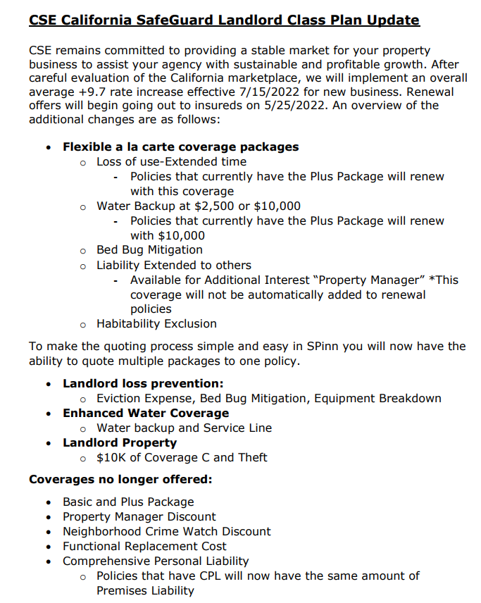 CSE California Safeguard Landlord Class Plan Update