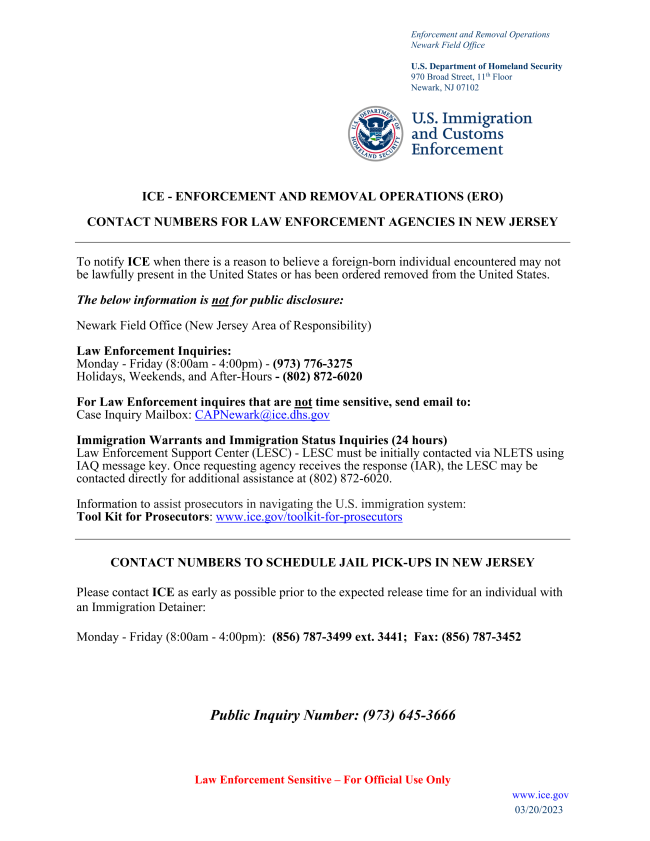 NJSACOP E-LERT - ICE ENFORCEMENT AND REMOVAL OPERATIONS (ERO) - CONTACT ...