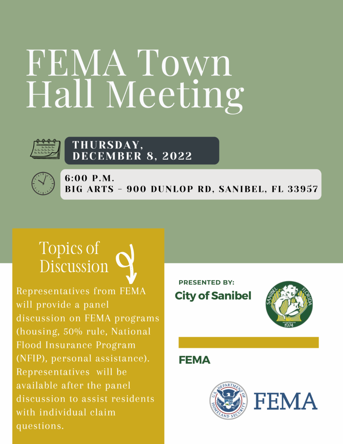 FEMA Town Hall Meeting Dec 8th at Big Arts